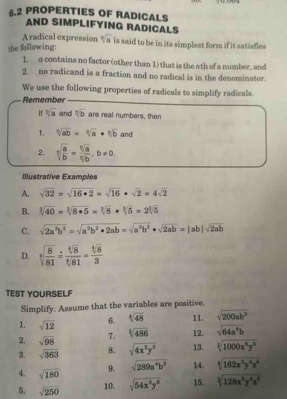 6.2 PROPERTIES OF RADICALS AND SIMPLIFYING | StudyX
