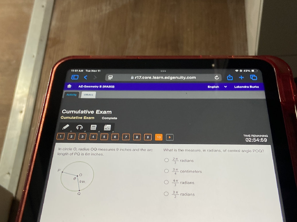 In circle O, radius OQ measures 9 inches and | StudyX