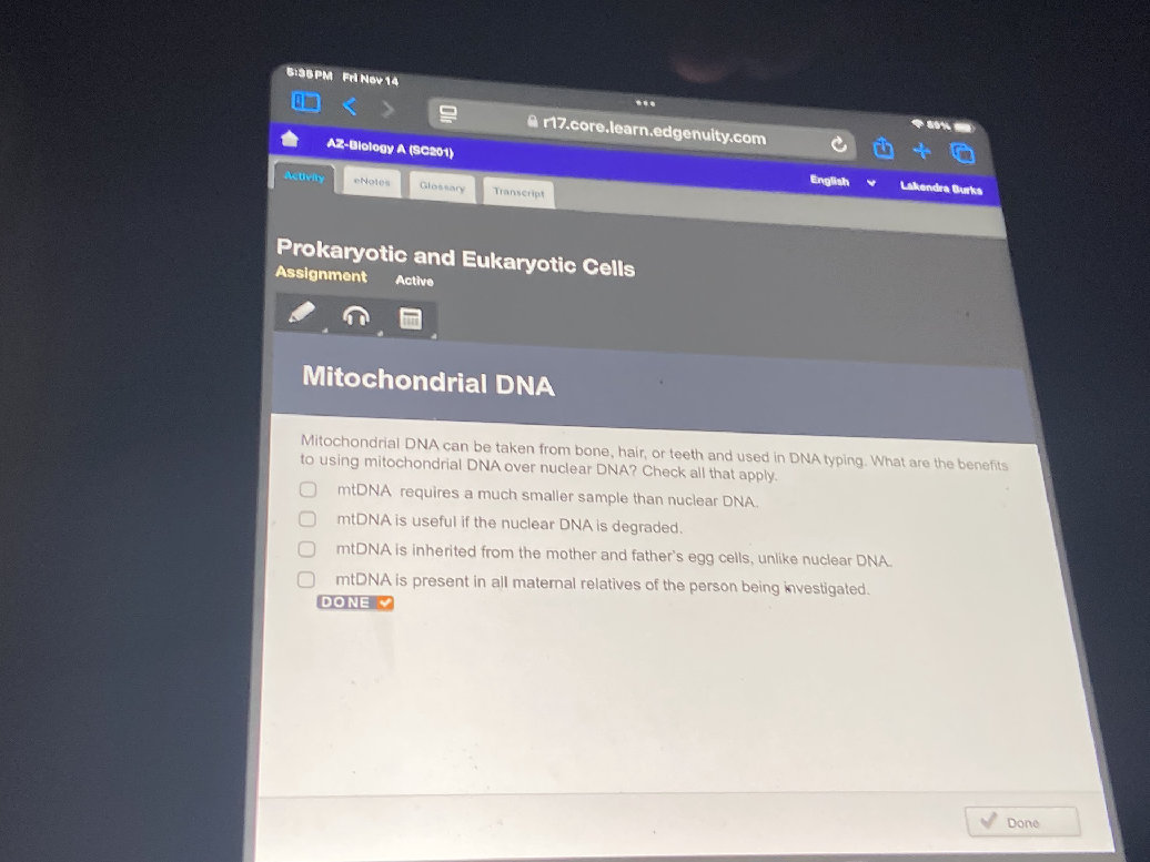 Mitochondrial DNA can be taken from bone, | StudyX