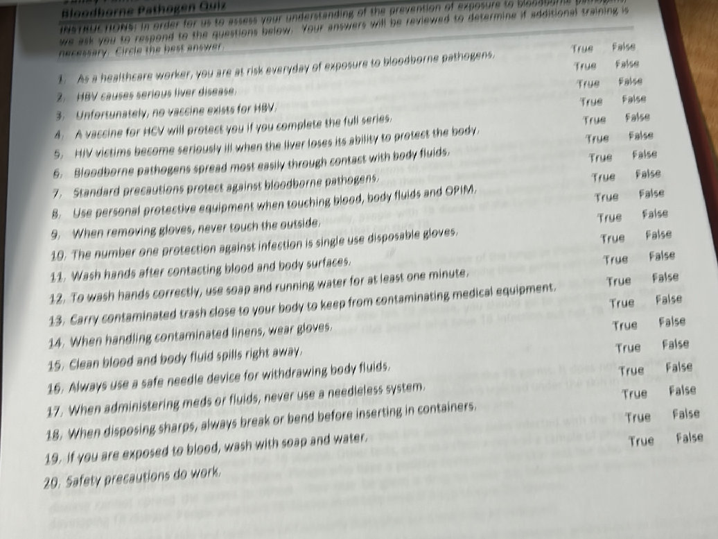Bloodborne Pathogen Quiz **INSTRUCTIONS:** | StudyX