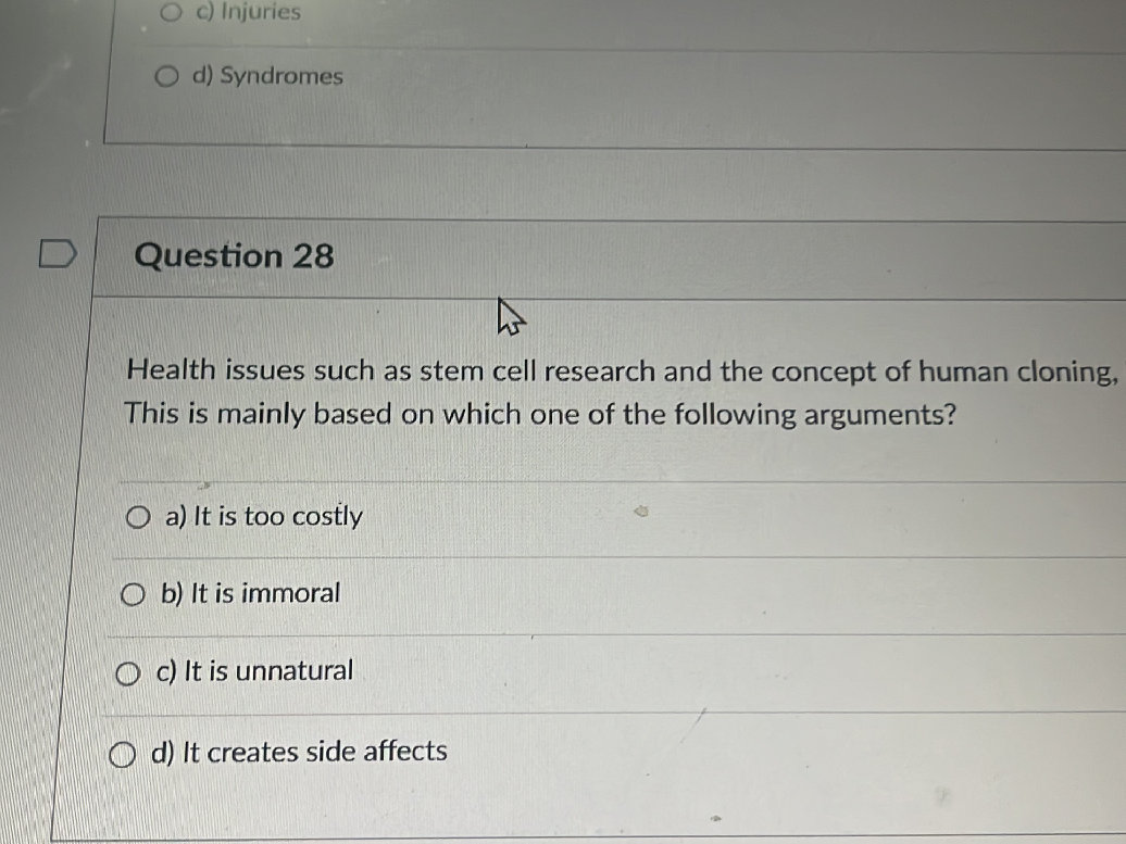 Question 28 Health issues such as stem cell | StudyX