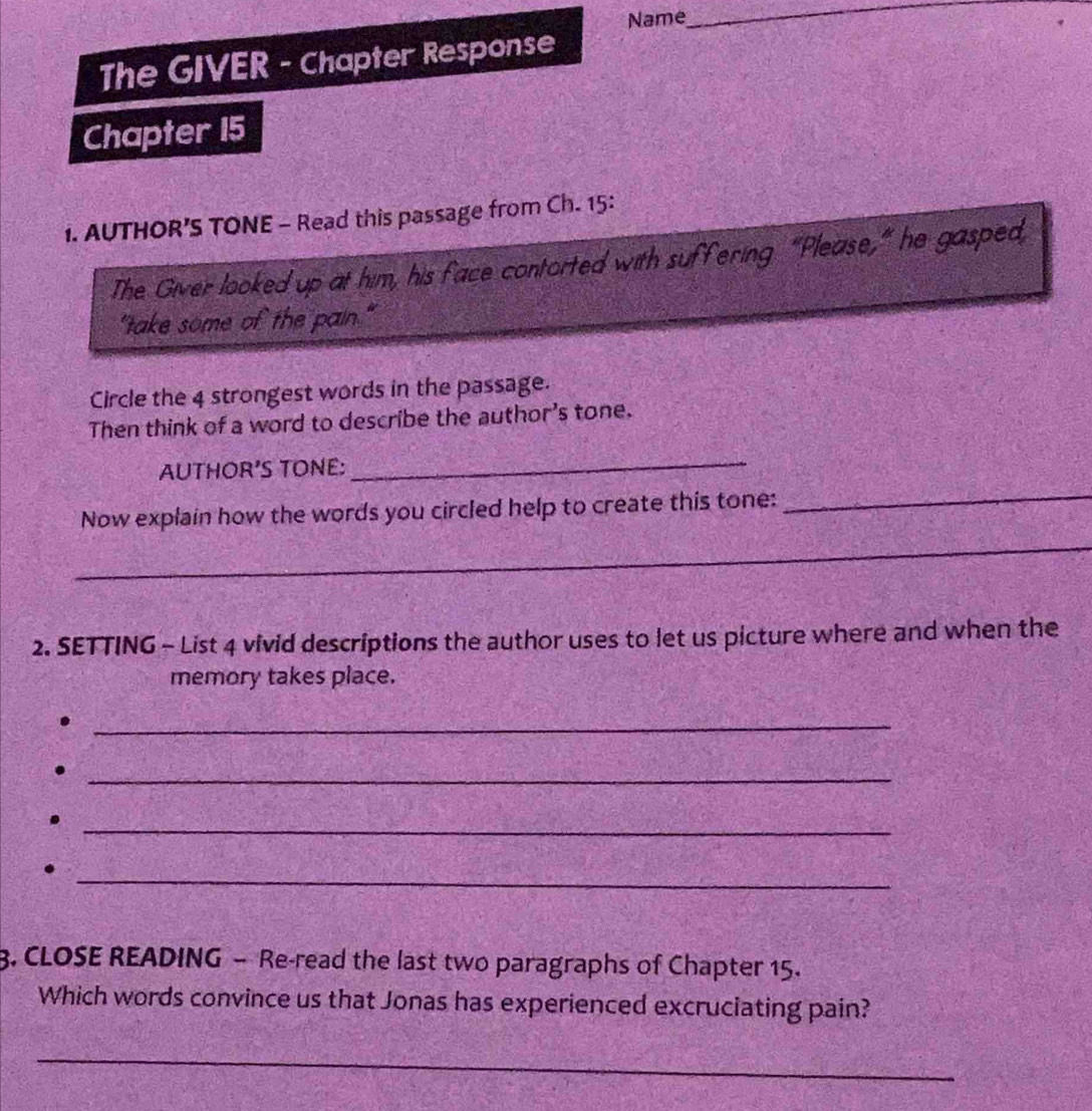 The GIVER - Chapter Response Chapter 15 1. | StudyX