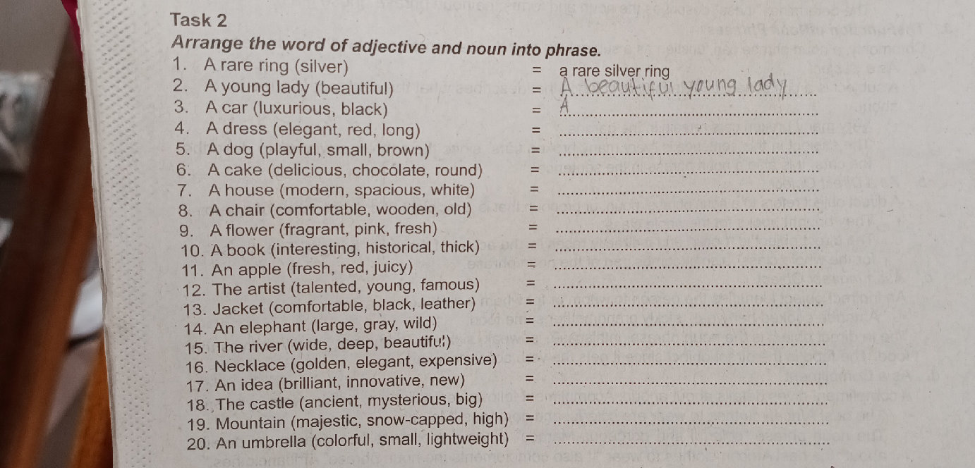 Task 2 Arrange the word of adjective and | StudyX