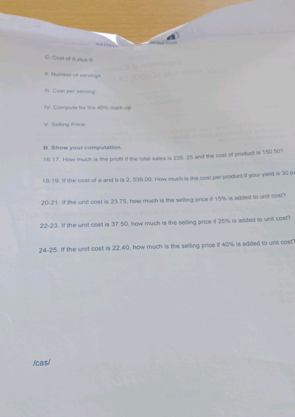 C. Cost of A plus B II. Number of servings: | StudyX