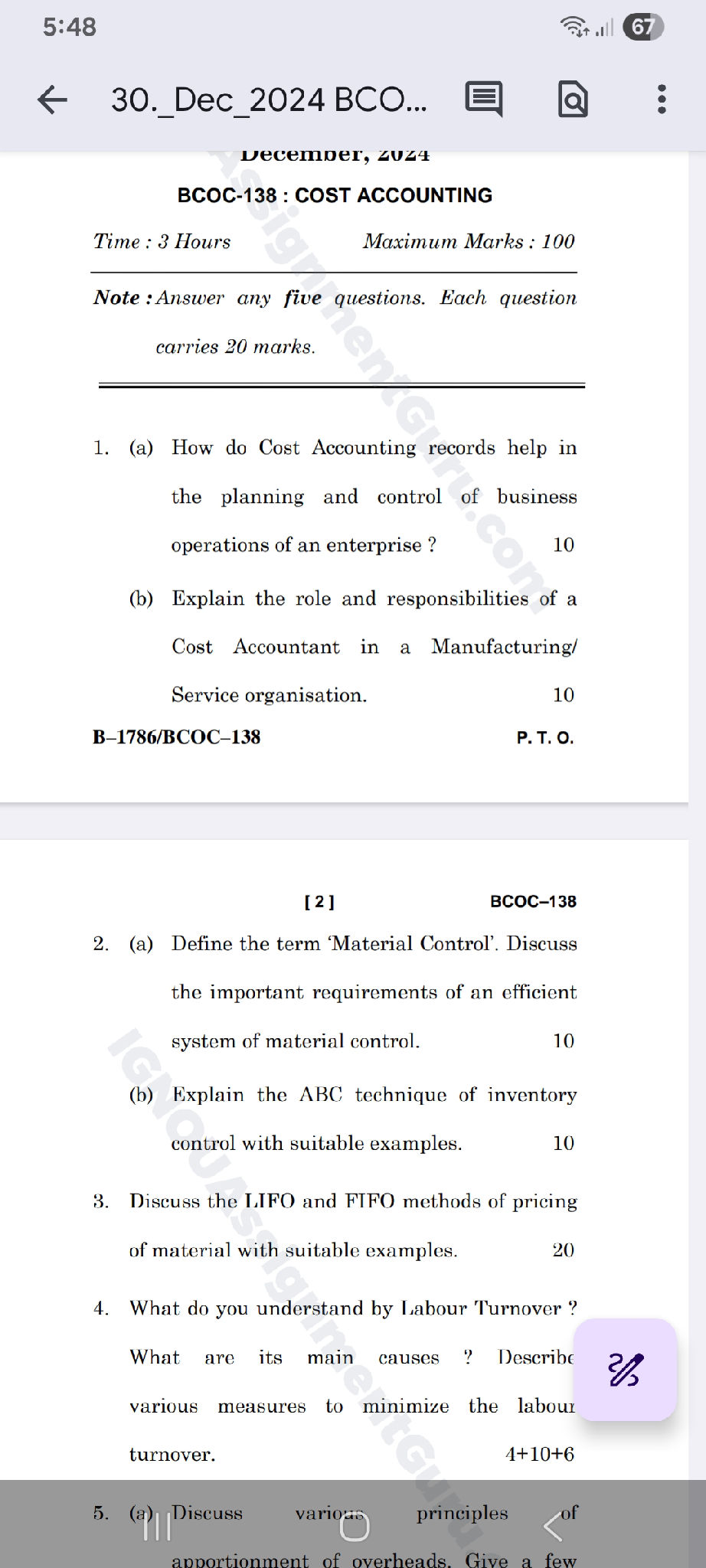 Note: Answer any five questions. Each | StudyX