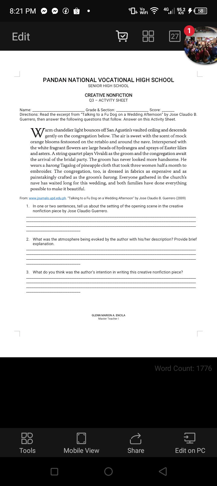 Directions: Read the excerpt from "Talking | StudyX