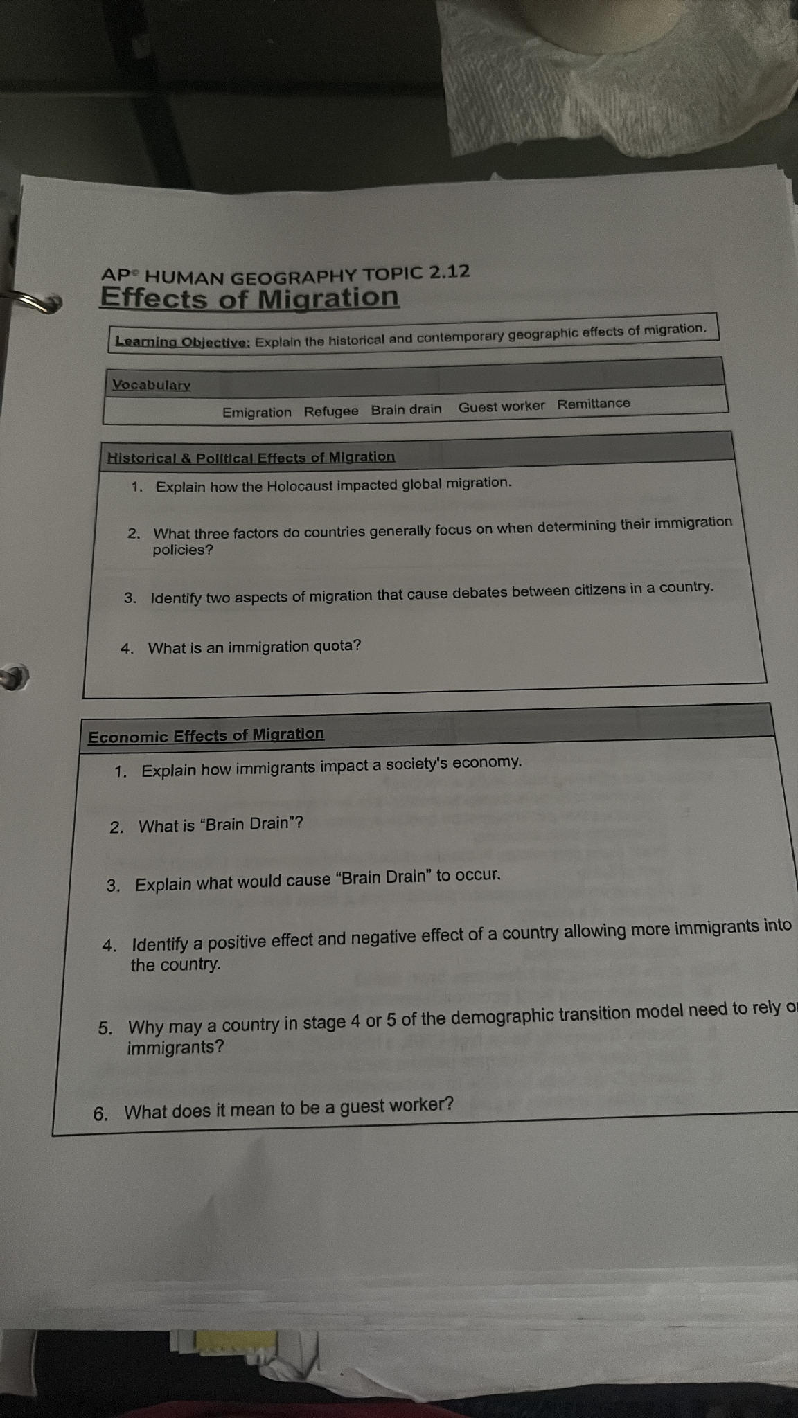 AP® HUMAN GEOGRAPHY TOPIC 2.12 **Effects of | StudyX