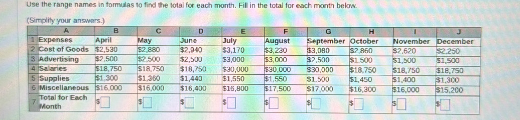 Use the range names in formulas to find the | StudyX