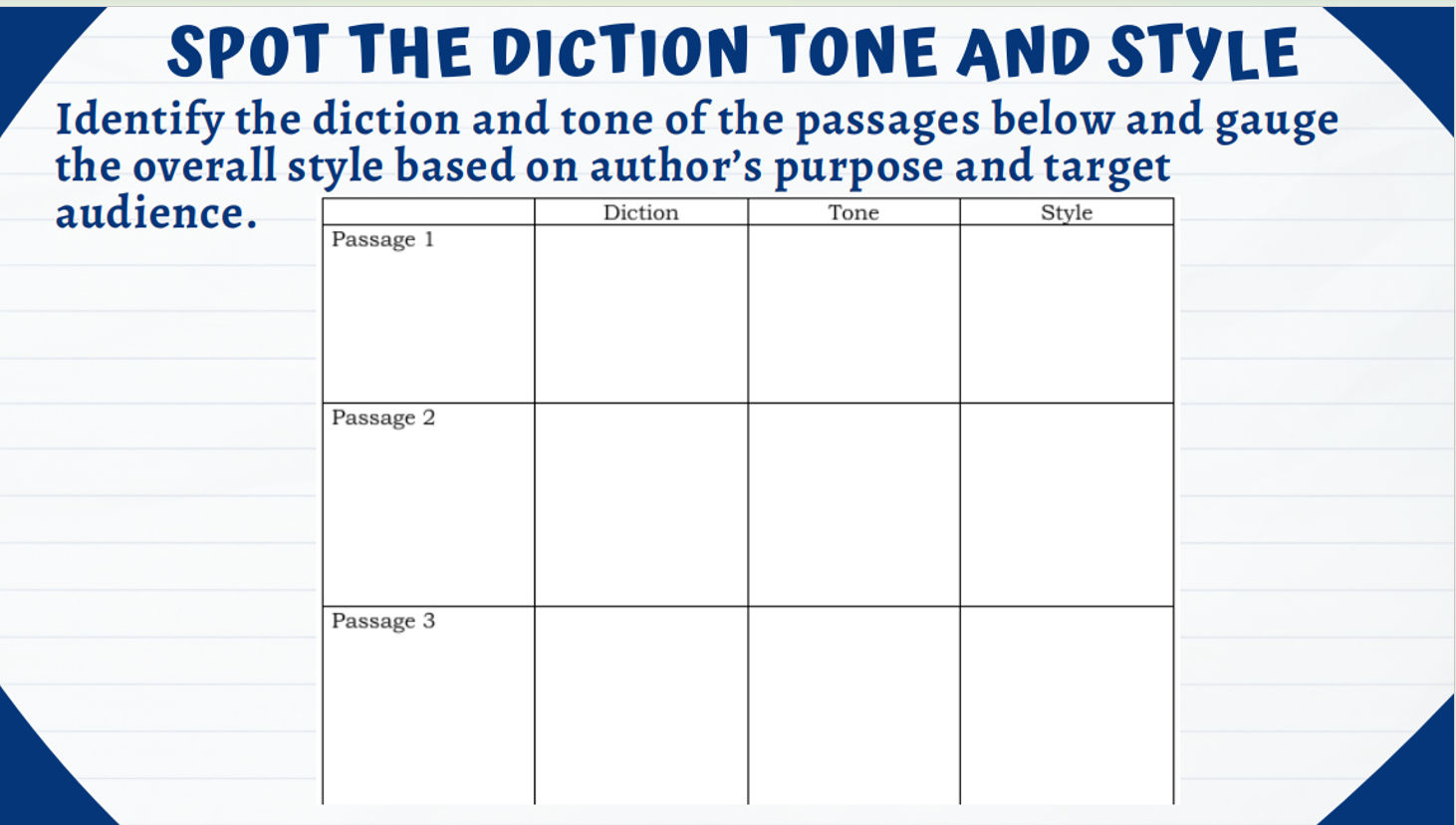SPOT THE DICTION TONE AND STYLE Identify | StudyX