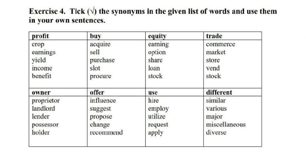 Exercise 4. Tick (√) the synonyms in the | StudyX