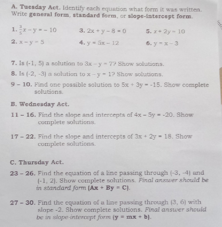 A. Tuesday Act. Identify each equation what | StudyX