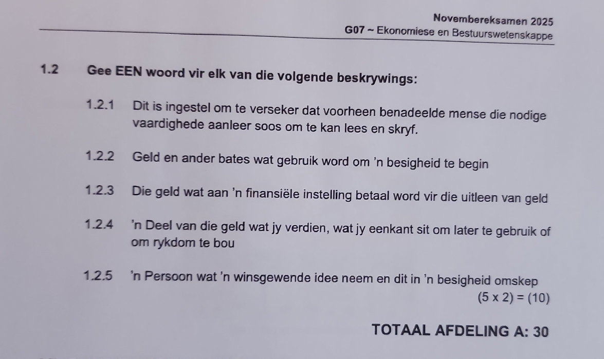 Gee EEN woord vir elk van die volgende | StudyX