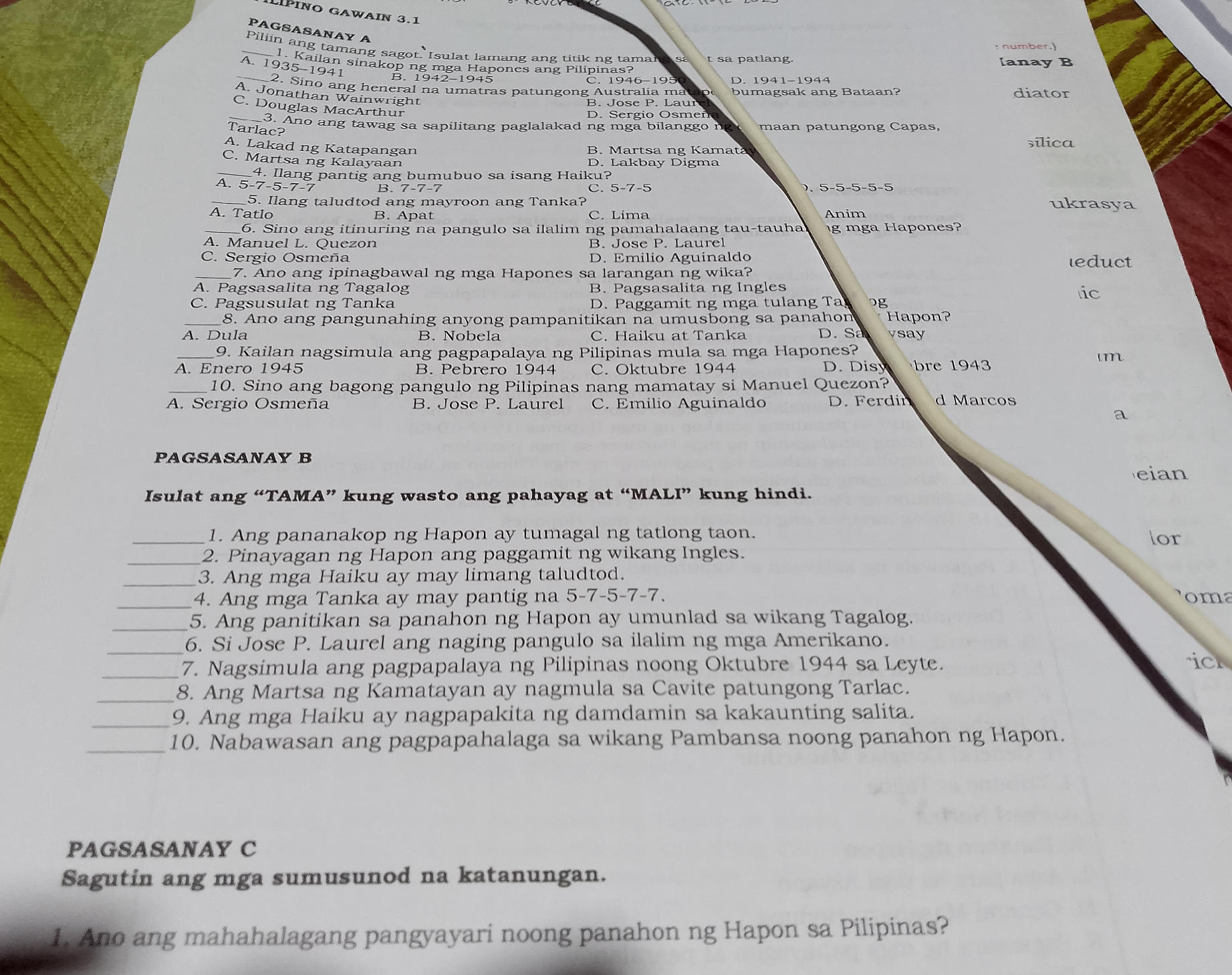 PAGSASANAY A Piliin ang tamang sagot. Isulat | StudyX