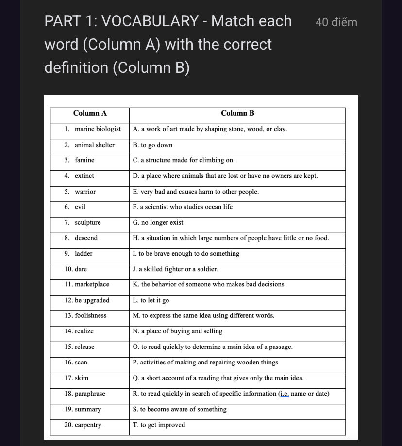 PART 1: VOCABULARY - Match each word (Column
