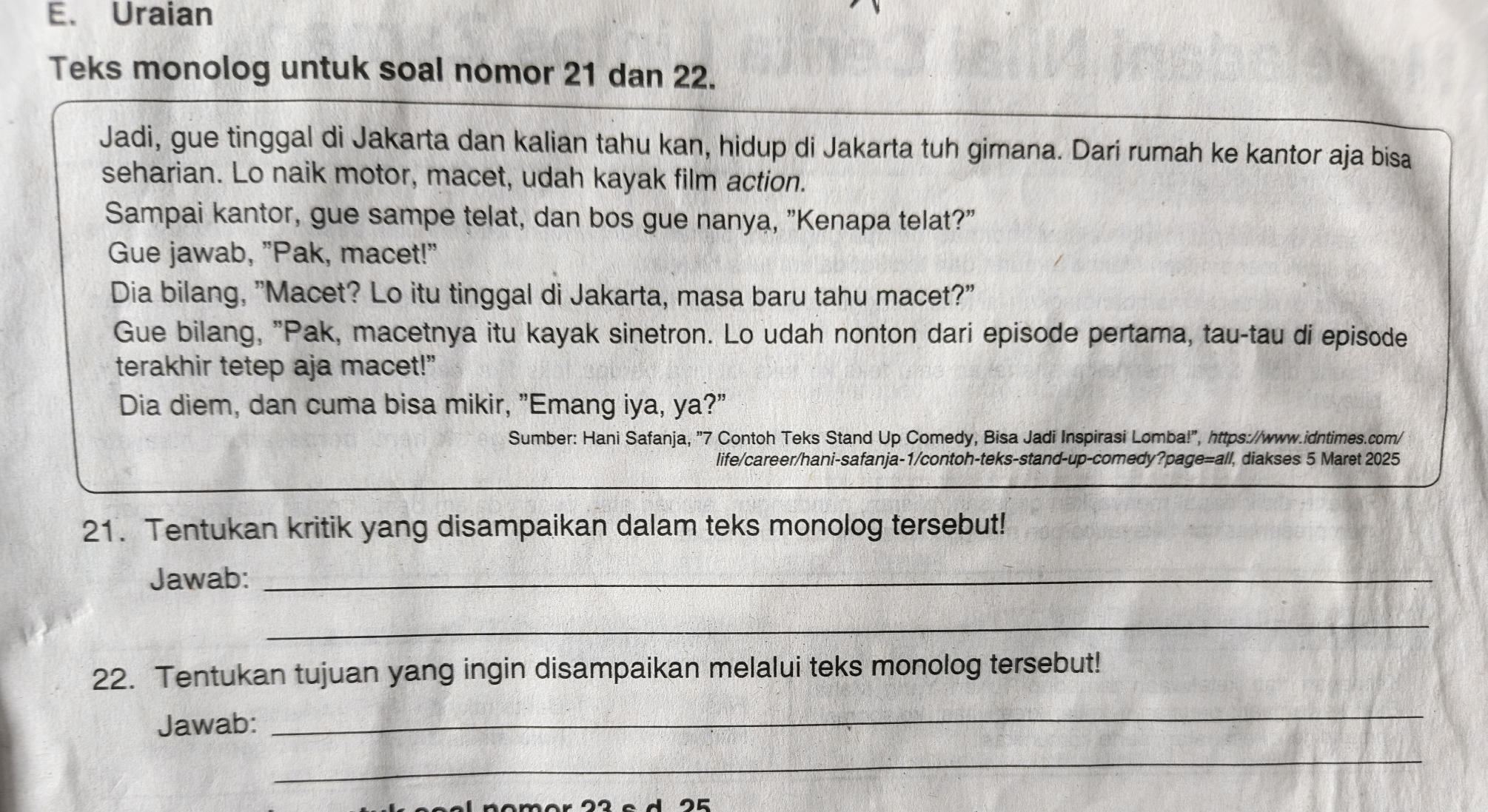 E. Uraian Teks monolog untuk soal nomor 21 | StudyX