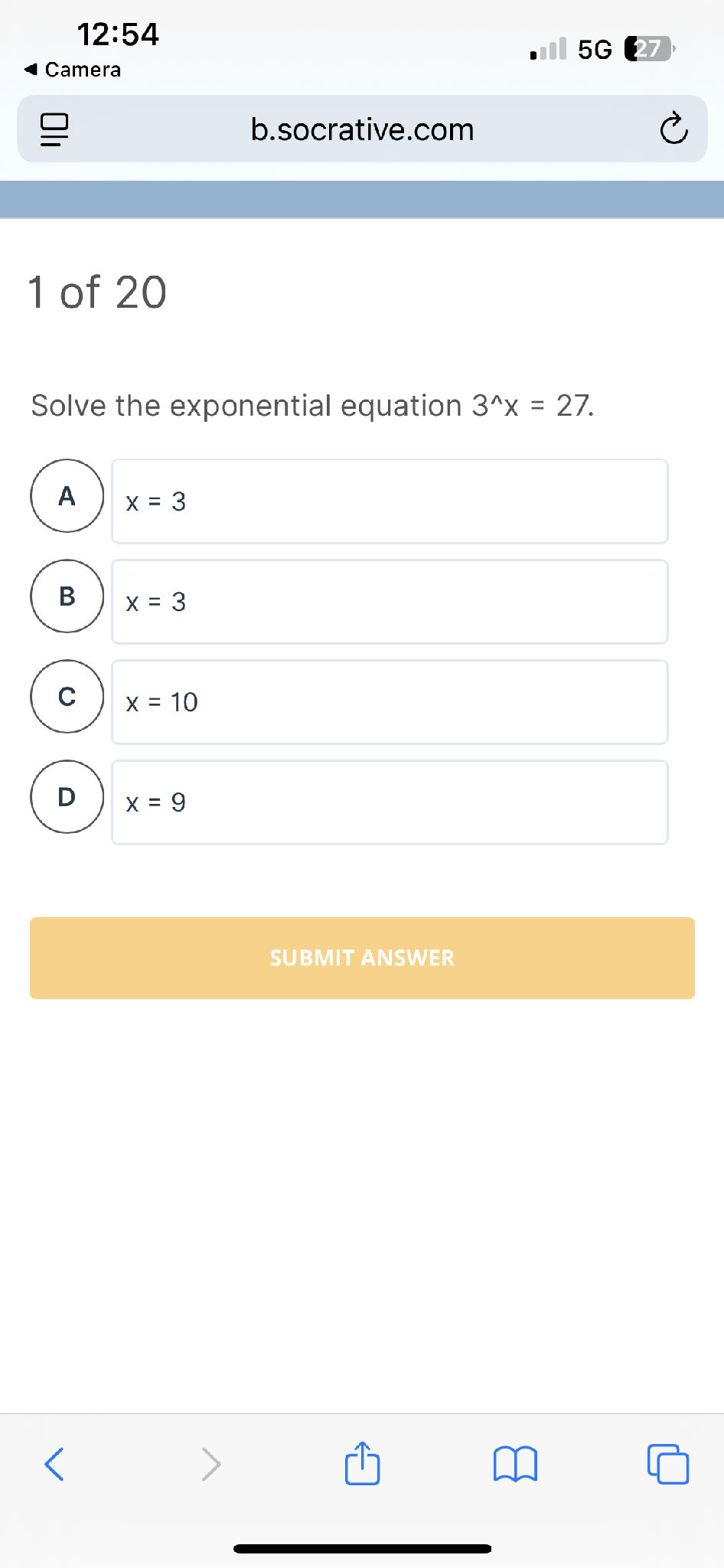 Solve the exponential equation $3^x = 27$. | StudyX