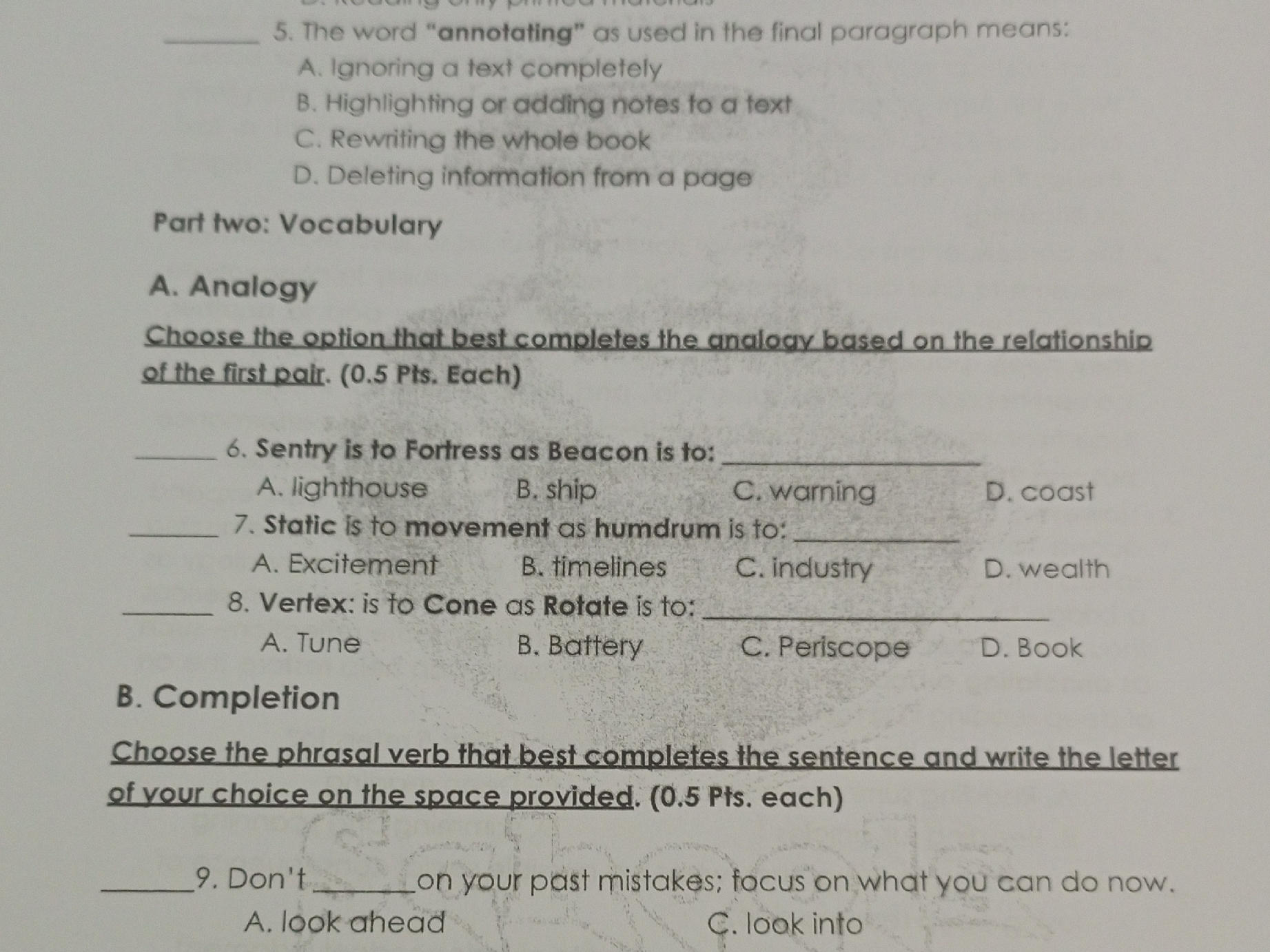 Part two: Vocabulary A. Analogy Choose the | StudyX