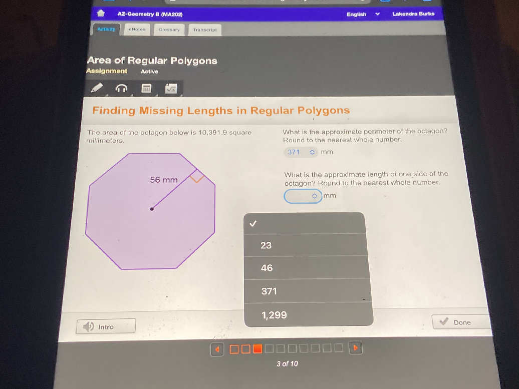 The area of the octagon below is $10,391.9$