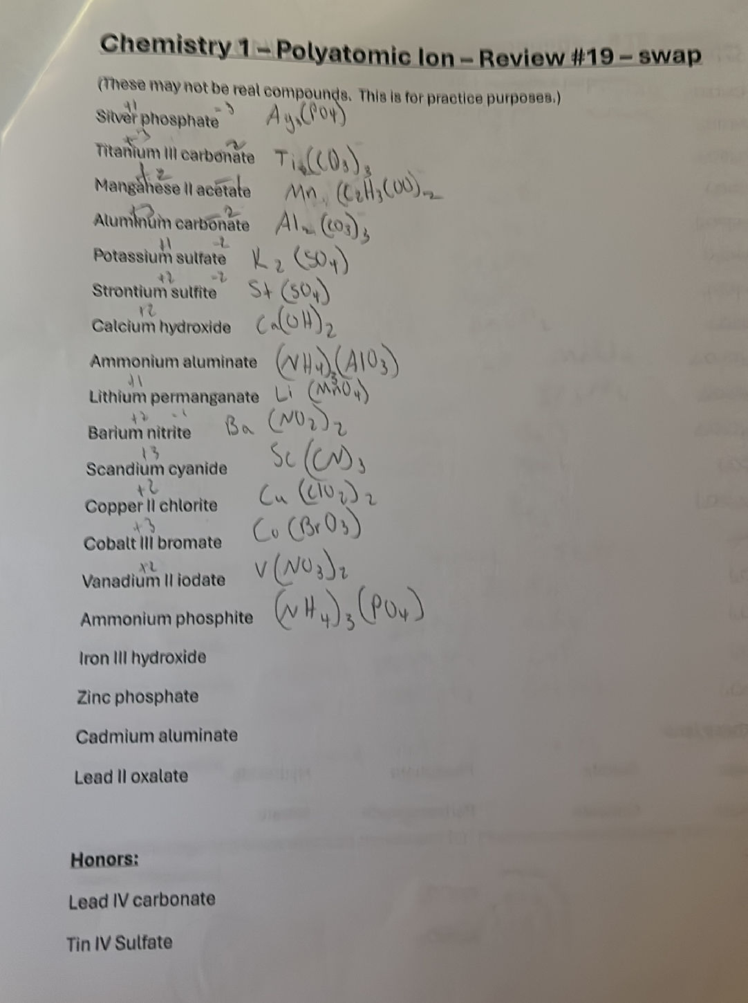 Chemistry 1 – Polyatomic Ion – Review #19 – | StudyX