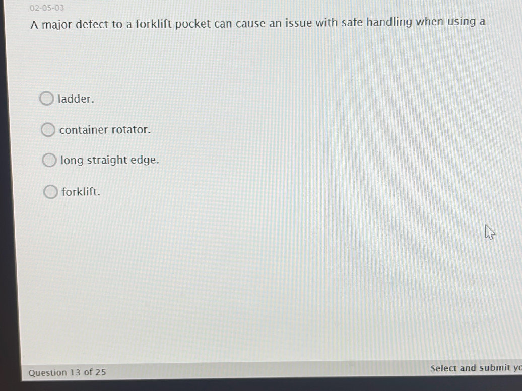 A major defect to a forklift pocket can