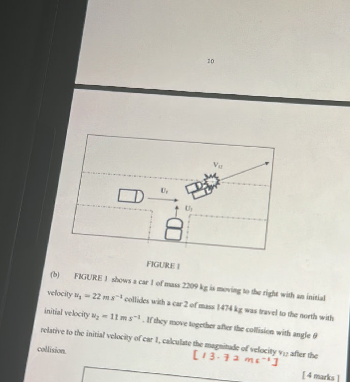 (b) FIGURE 1 shows a car 1 of mass 2209 kg | StudyX