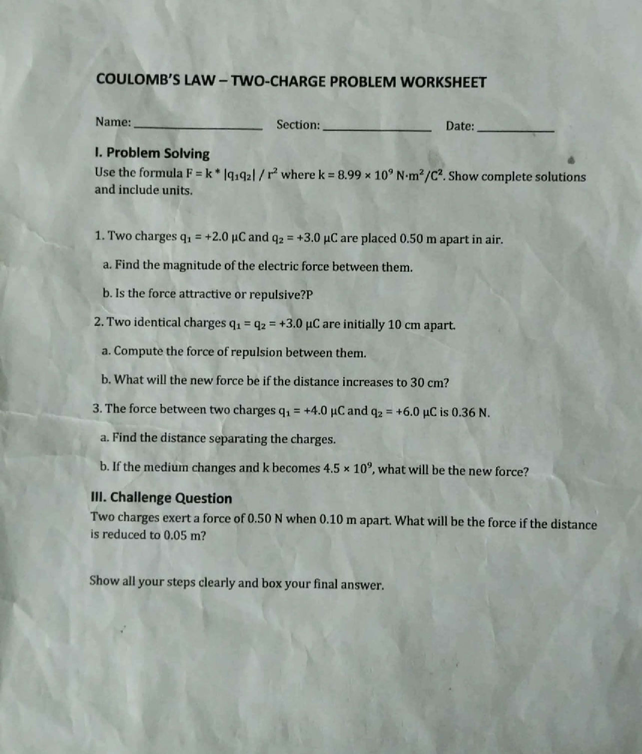 COULOMB'S LAW - TWO-CHARGE PROBLEM WORKSHEET | StudyX