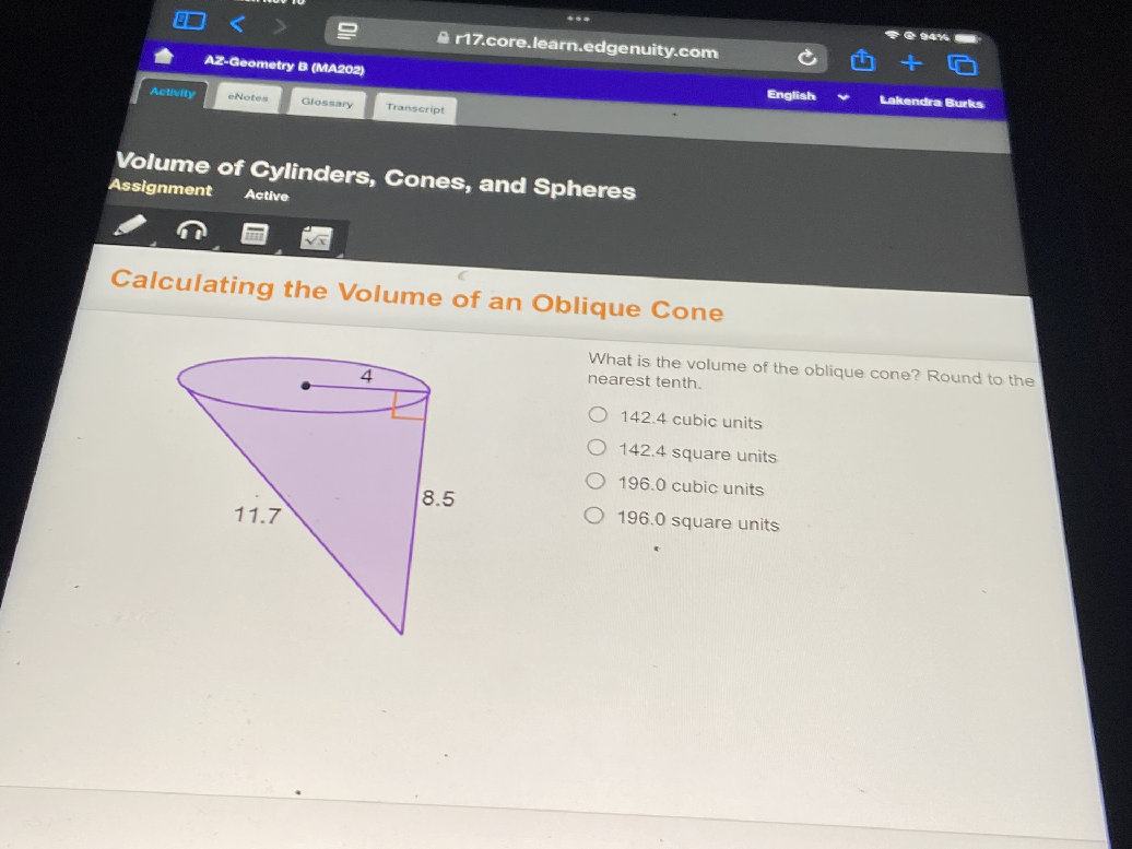 Calculating the Volume of an Oblique Cone | StudyX