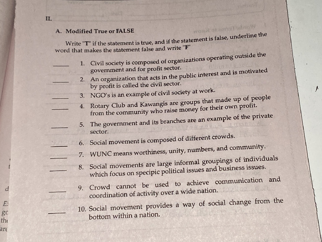 A. Modified True or FALSE Write "T" if the | StudyX