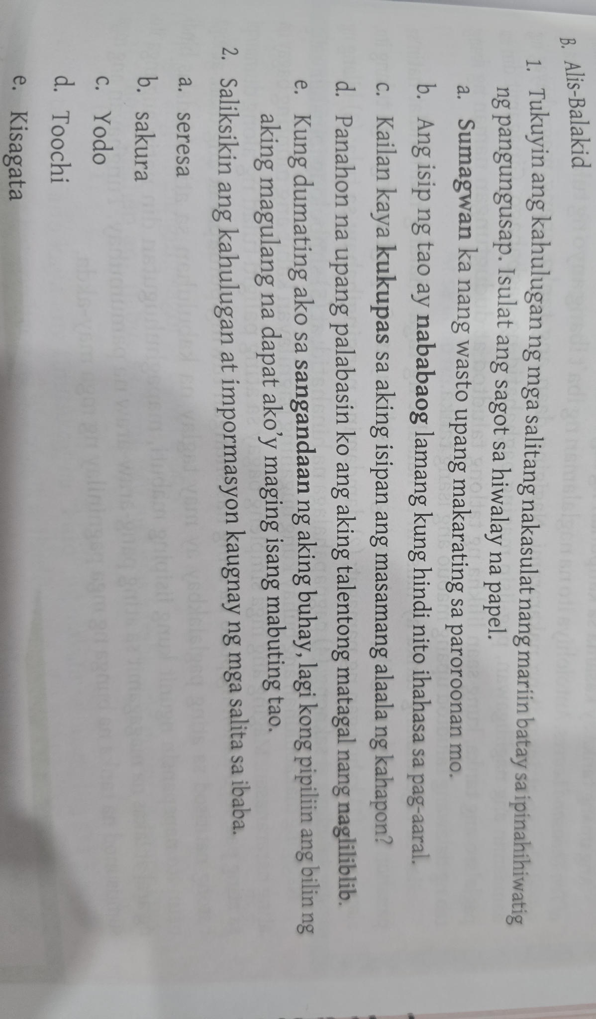 B. Alis-Balakid 1. Tukuyin ang kahulugan ng | StudyX