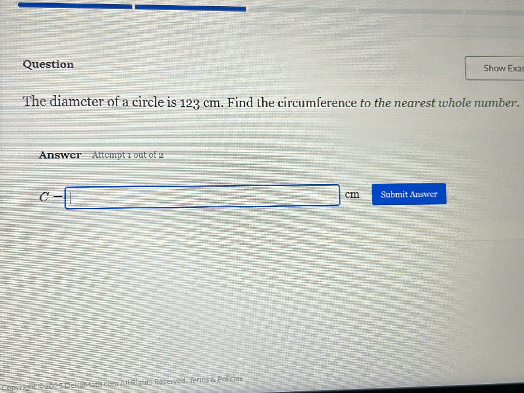 The diameter of a circle is $123 { cm}$. | StudyX