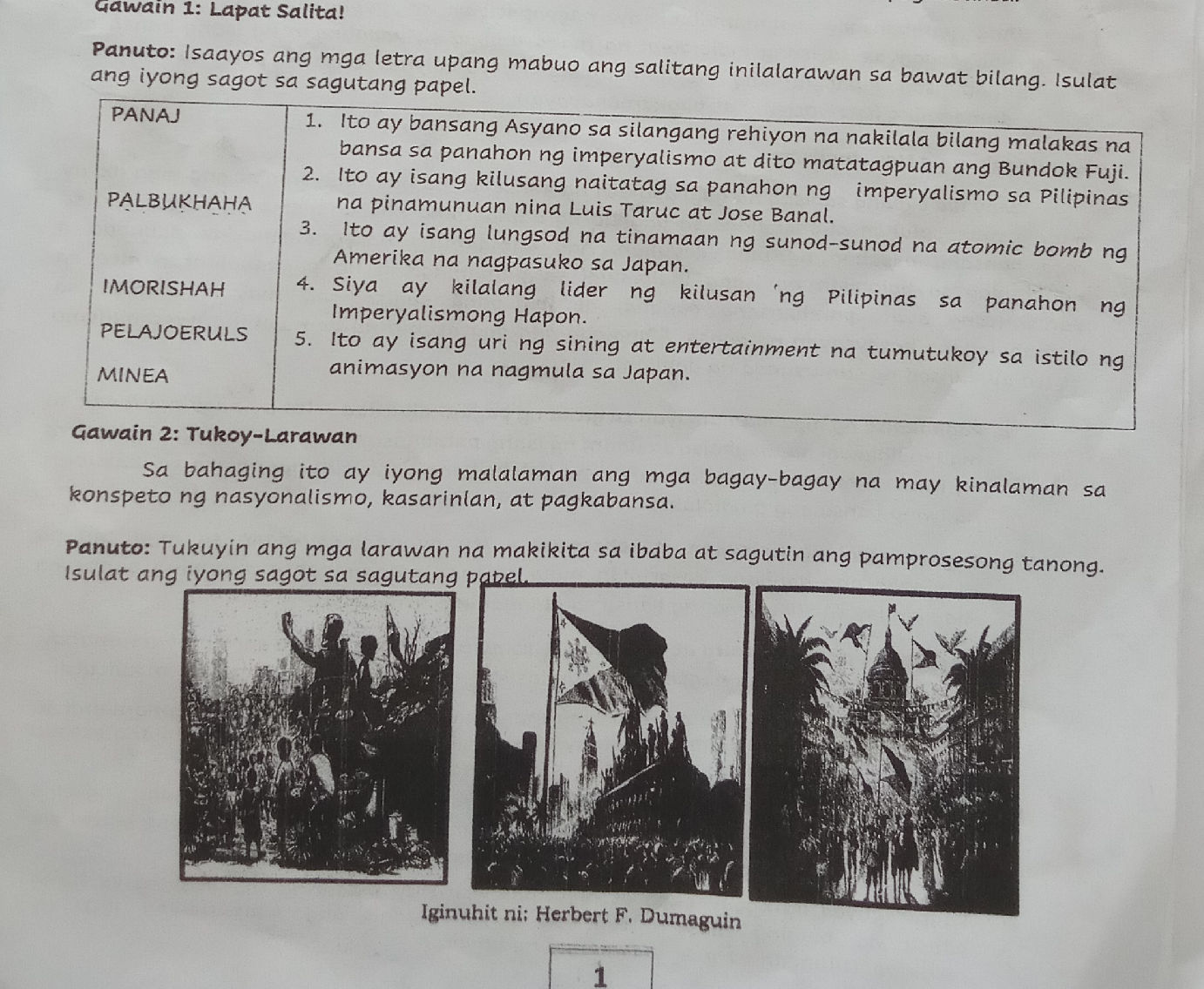 Gawain 1: Lapat Salita! Panuto: Isaayos ang | StudyX