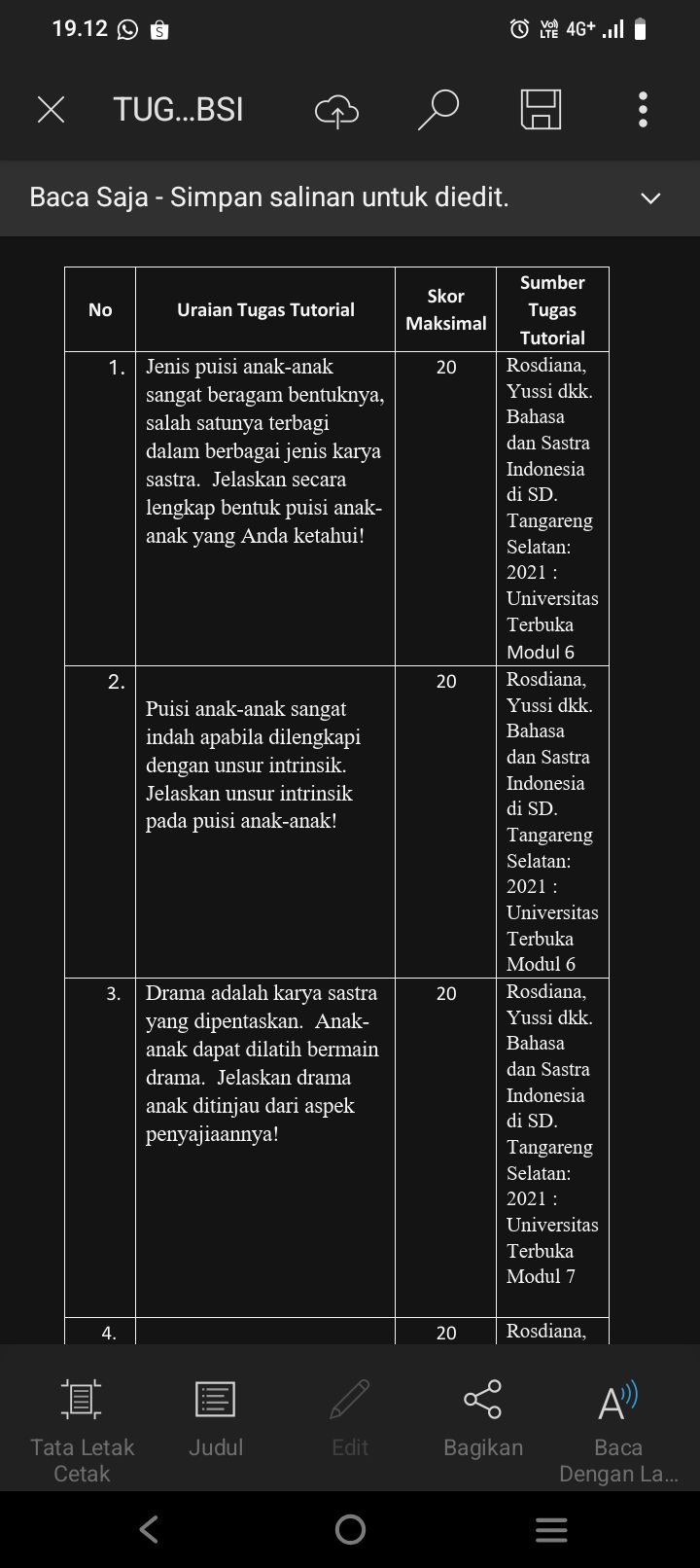 No | Uraian Tugas Tutorial | Skor Maksimal | | StudyX