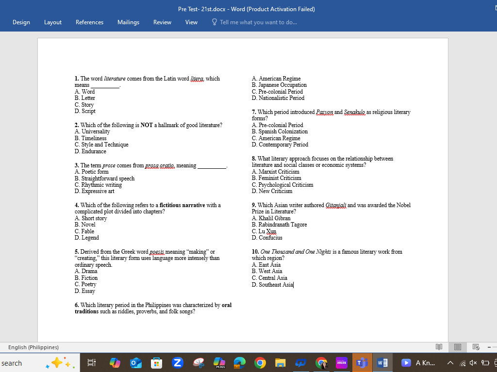 1. The word literature comes from the Latin | StudyX