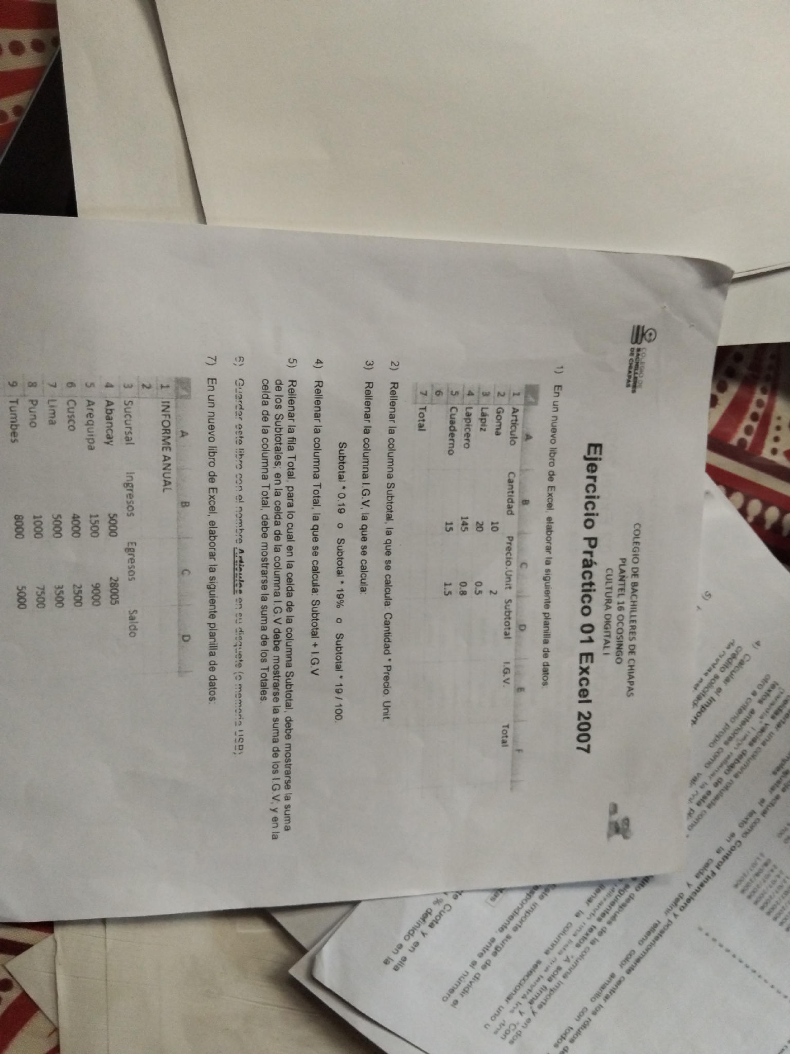 Rellenar la columna Subtotal, la que se | StudyX