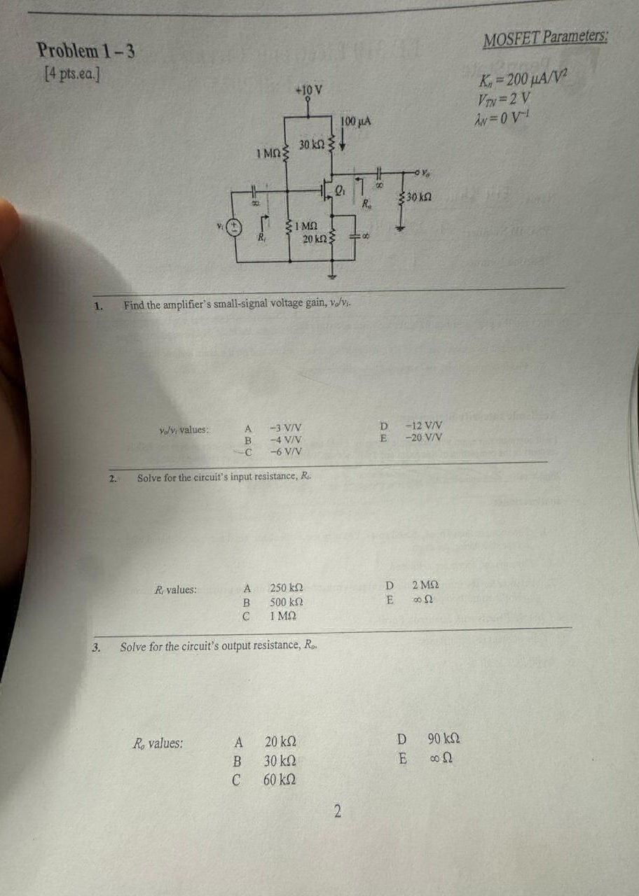Problem 1-3 [4 pts.ea.] MOSFET Parameters: | StudyX
