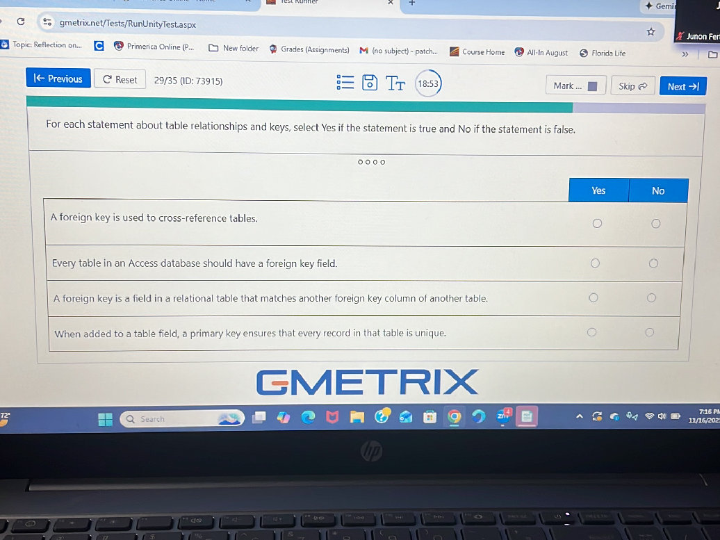 For each statement about table relationships | StudyX