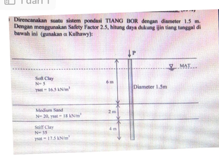Direncanakan suatu sistem pondasi TIANG BOR | StudyX