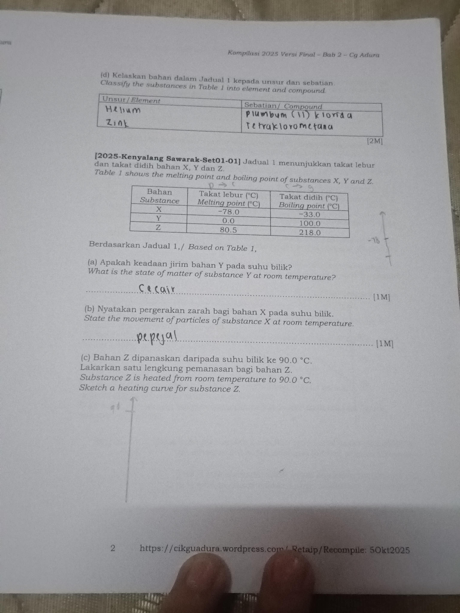 (d) Kelaskan bahan dalam Jadual 1 kepada | StudyX