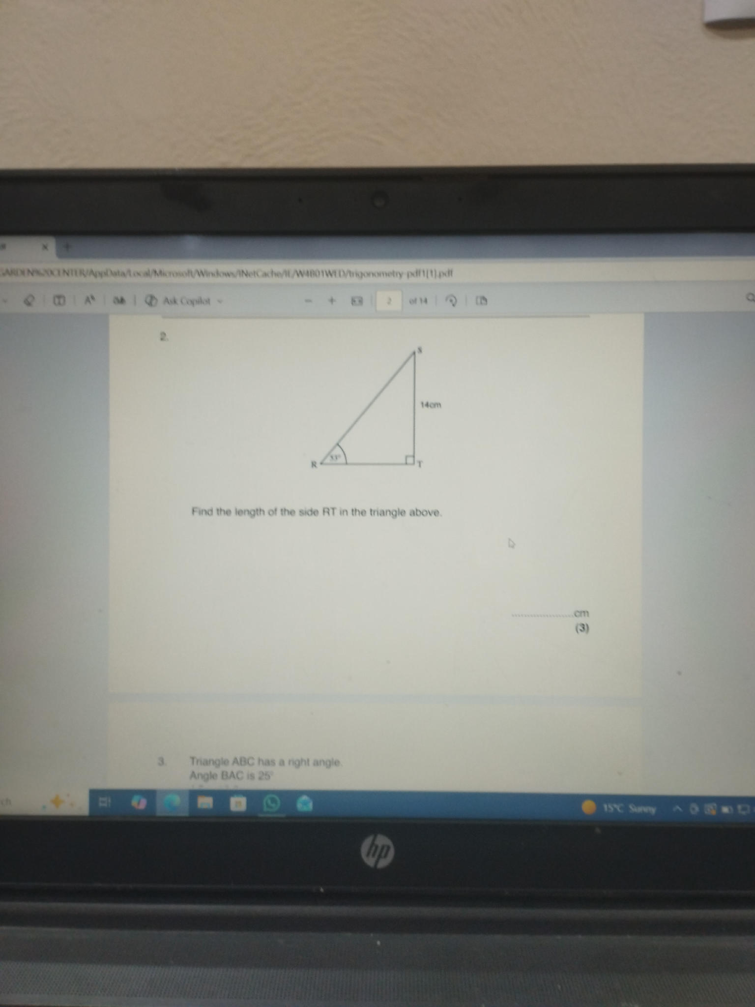 In the triangle RST shown below, $ T = 90^{ | StudyX