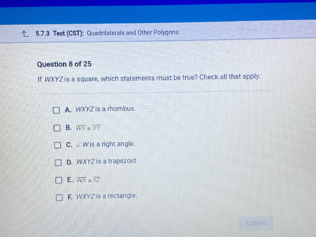 Question 8 of 25 If $WXYZ$ is a square, | StudyX