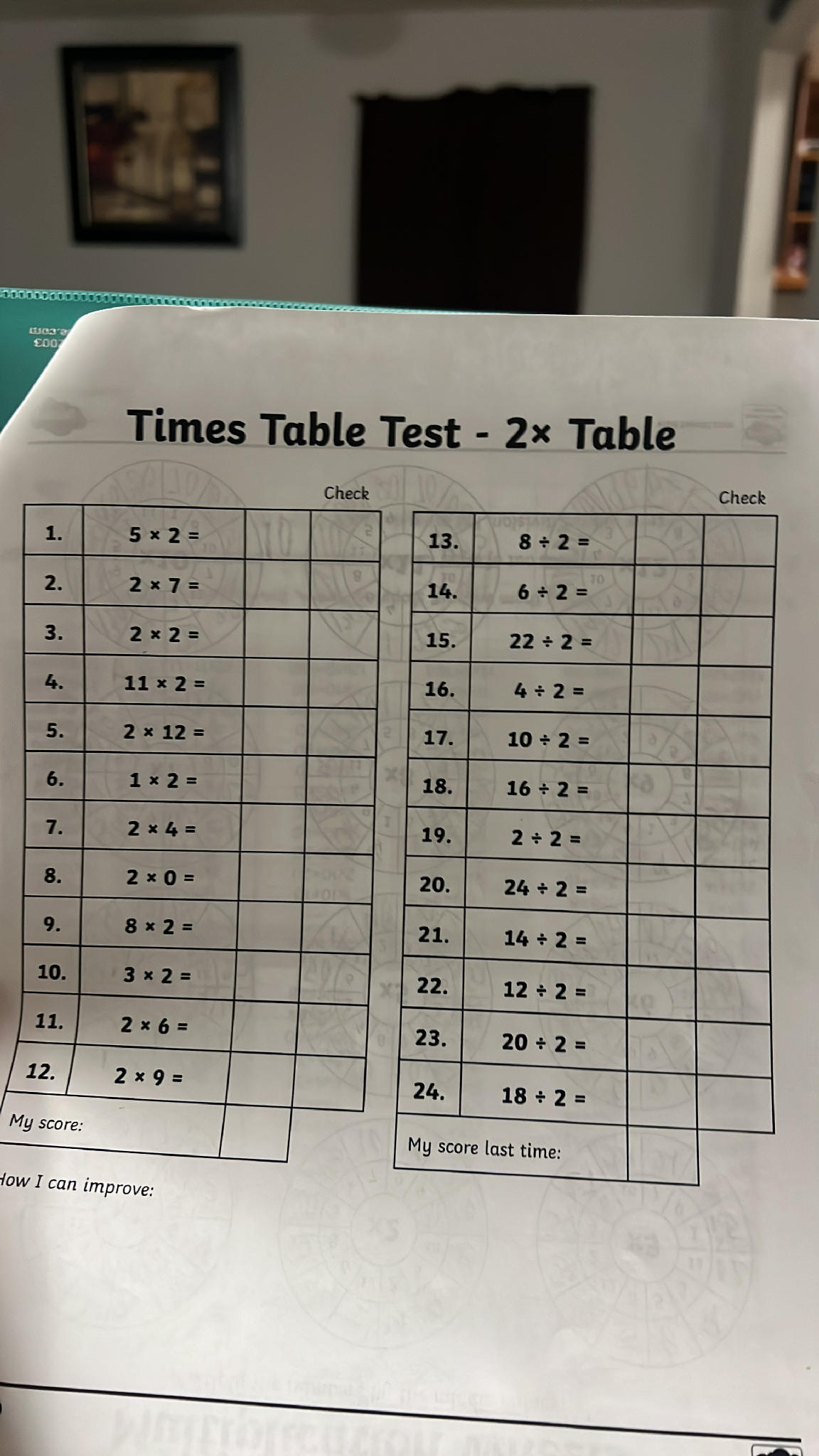 Times Table Test - $2 $ Table | No. | | StudyX