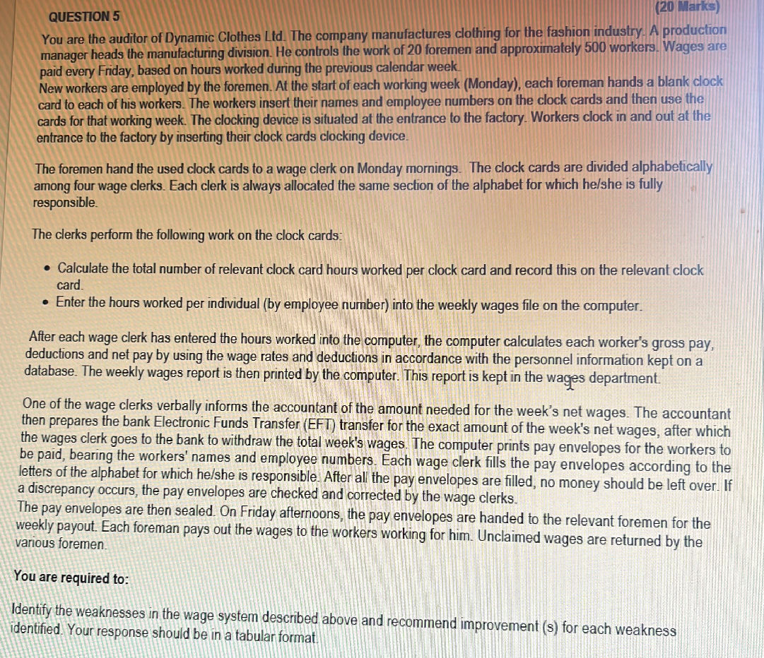 QUESTION 5 (20 Marks) You are the auditor | StudyX