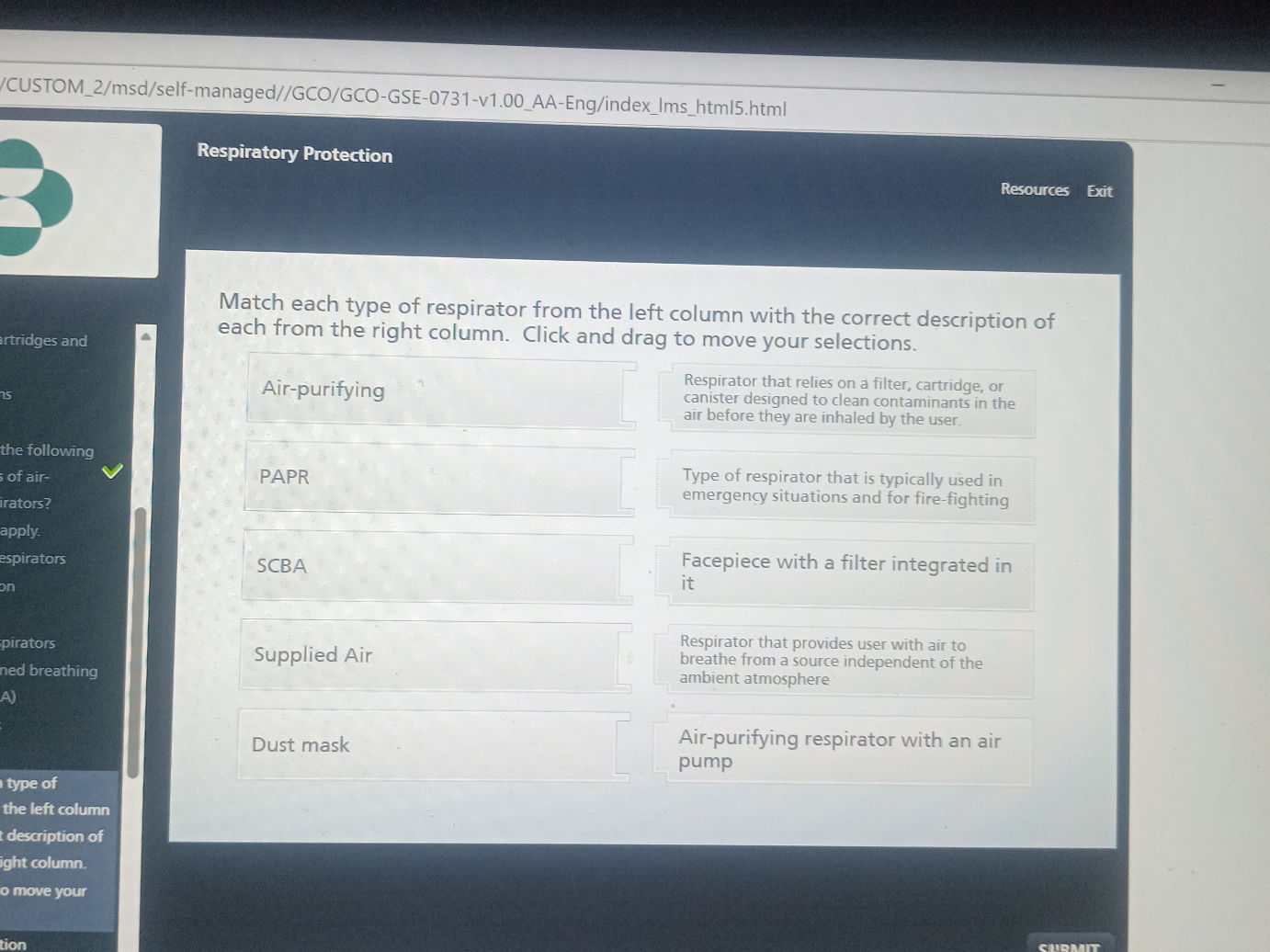 Match each type of respirator from the left | StudyX