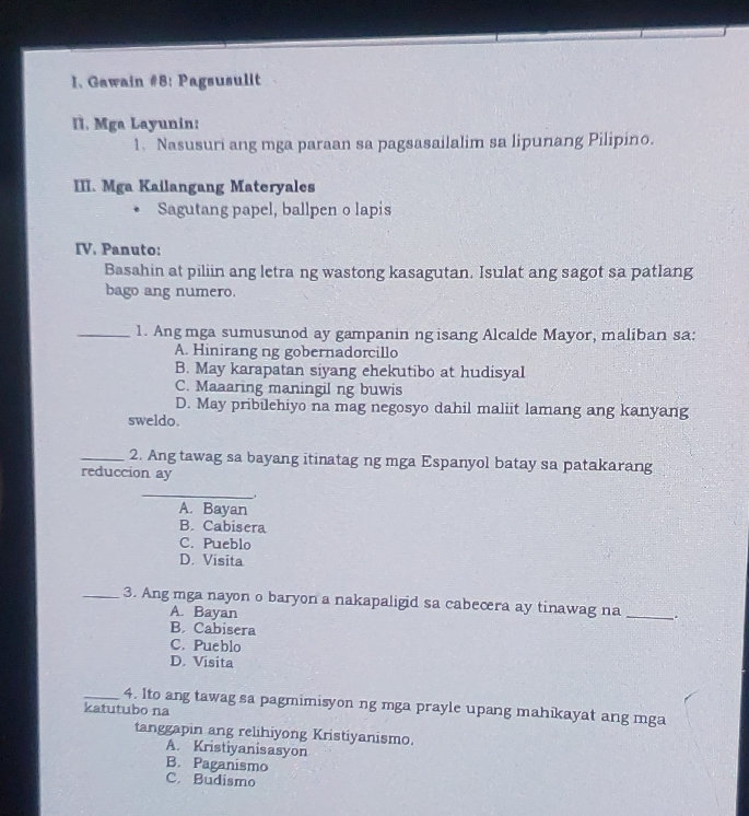 IV. Panuto: Basahin at piliin ang letra ng | StudyX
