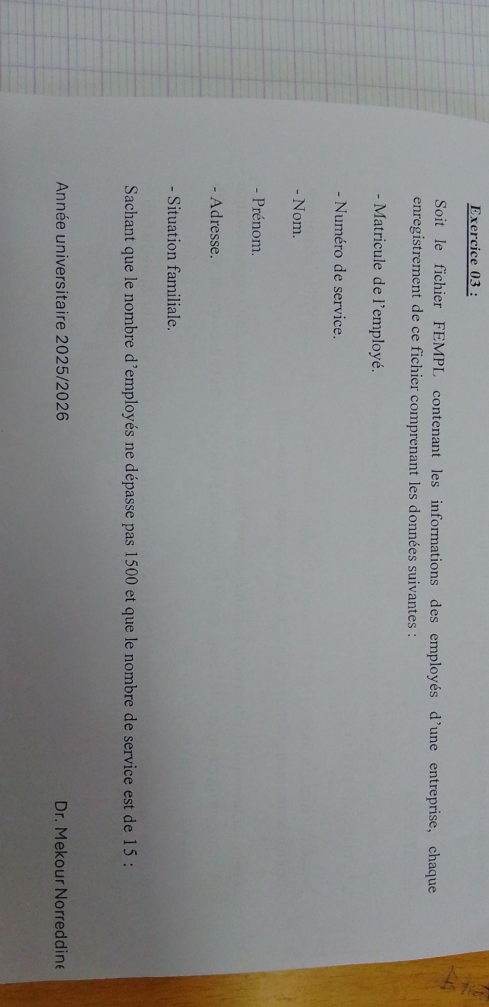 Exercice 03: Soit le fichier FEMPL | StudyX