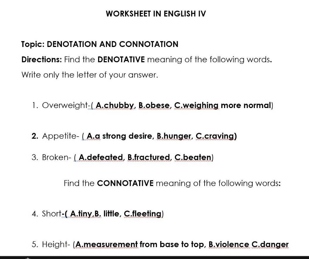 WORKSHEET IN ENGLISH IV Topic: DENOTATION | StudyX