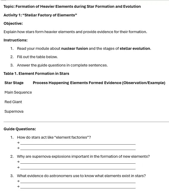 Topic: Formation of Heavier Elements during | StudyX