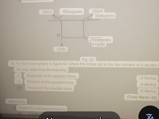 Fig. Q1 b) For the force system in figure Q1 | StudyX