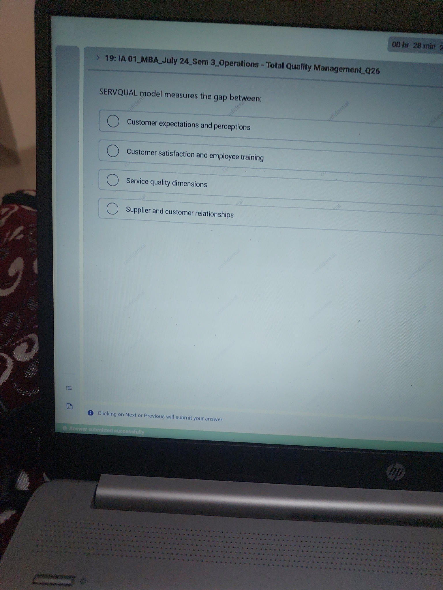 SERVQUAL model measures the gap between: | StudyX