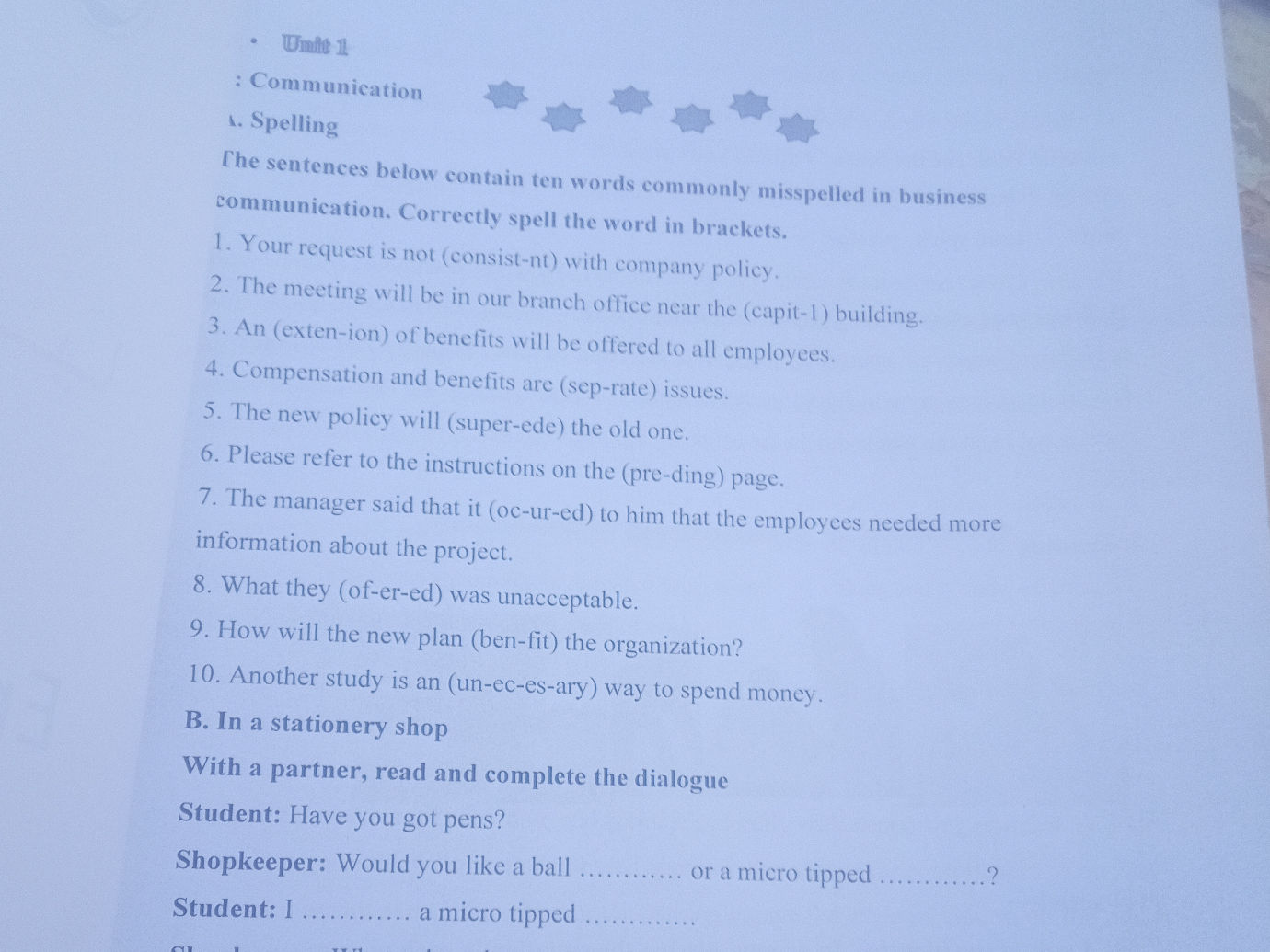Unit 1 : Communication A. Spelling The | StudyX